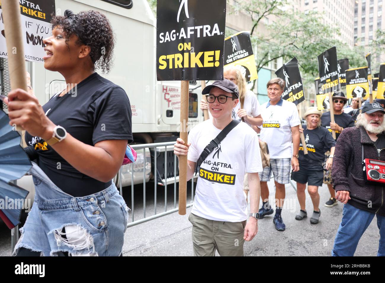Elliot Page is seen at the SAG-AFTRA picket line in Downtown, Manhattan ...