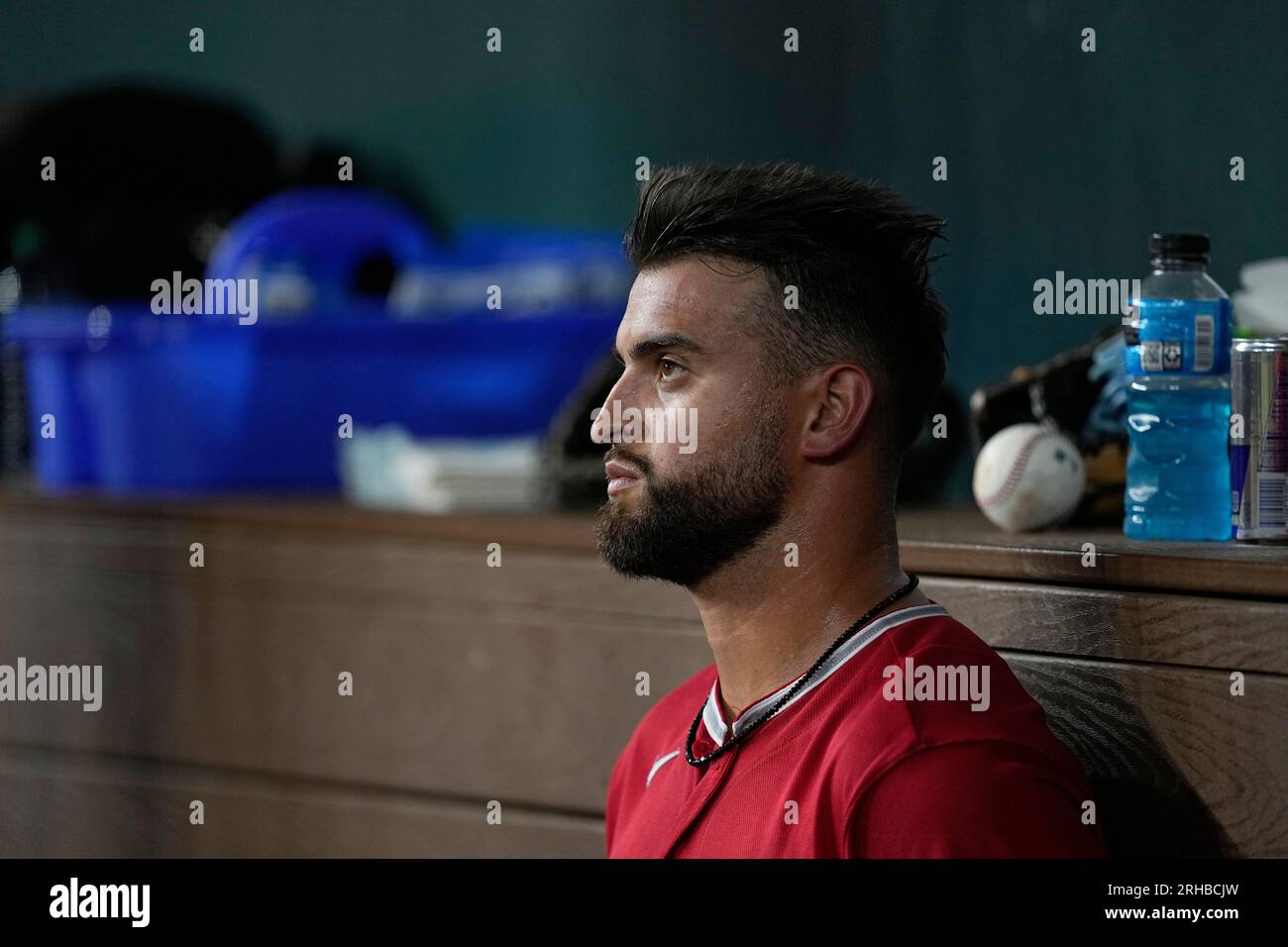 Los Angeles Angels relief pitcher Patrick Sandoval sits in the dugout ...