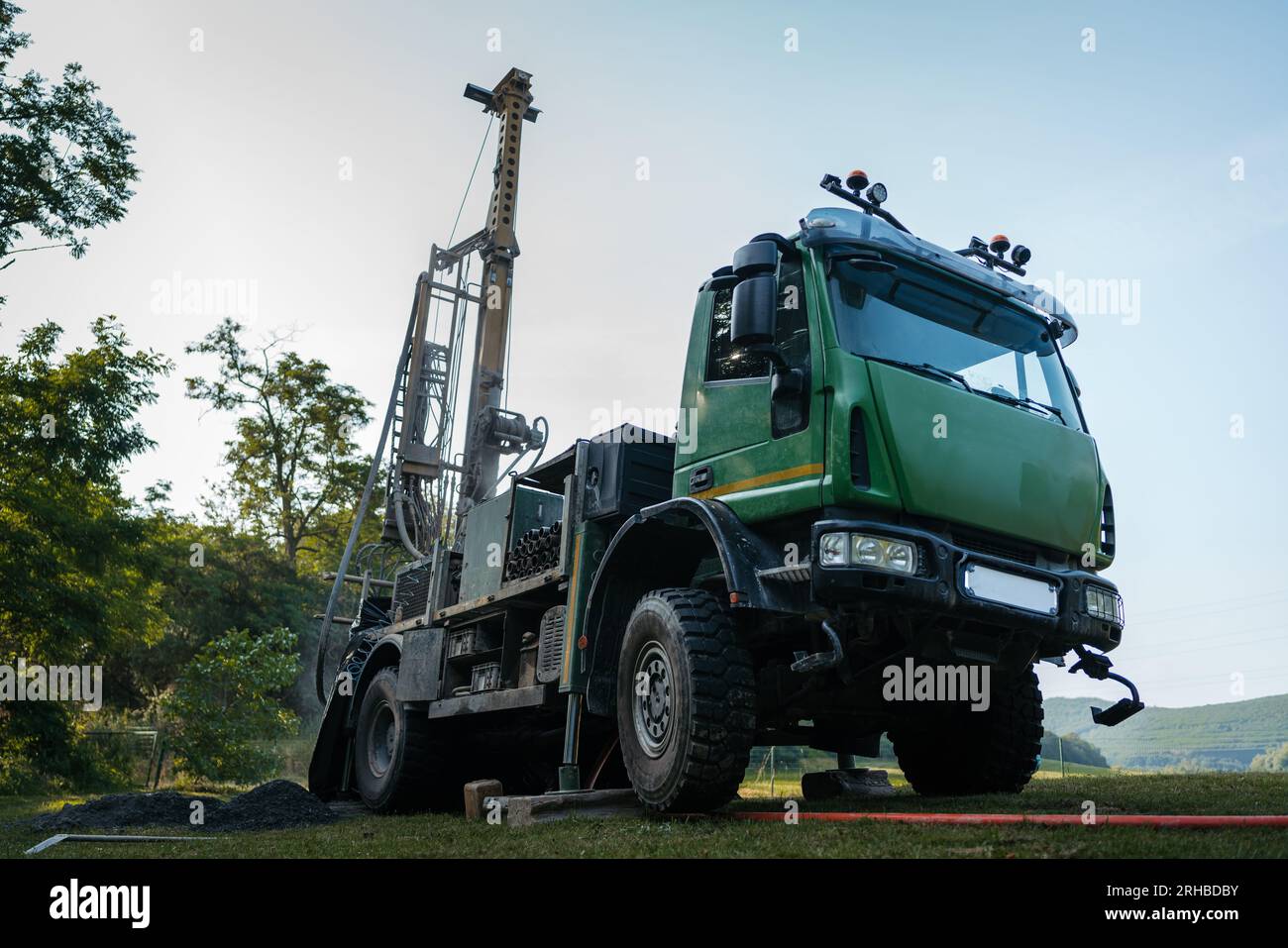 Water well drilling rig preparing to boring dowin into the earth Stock ...