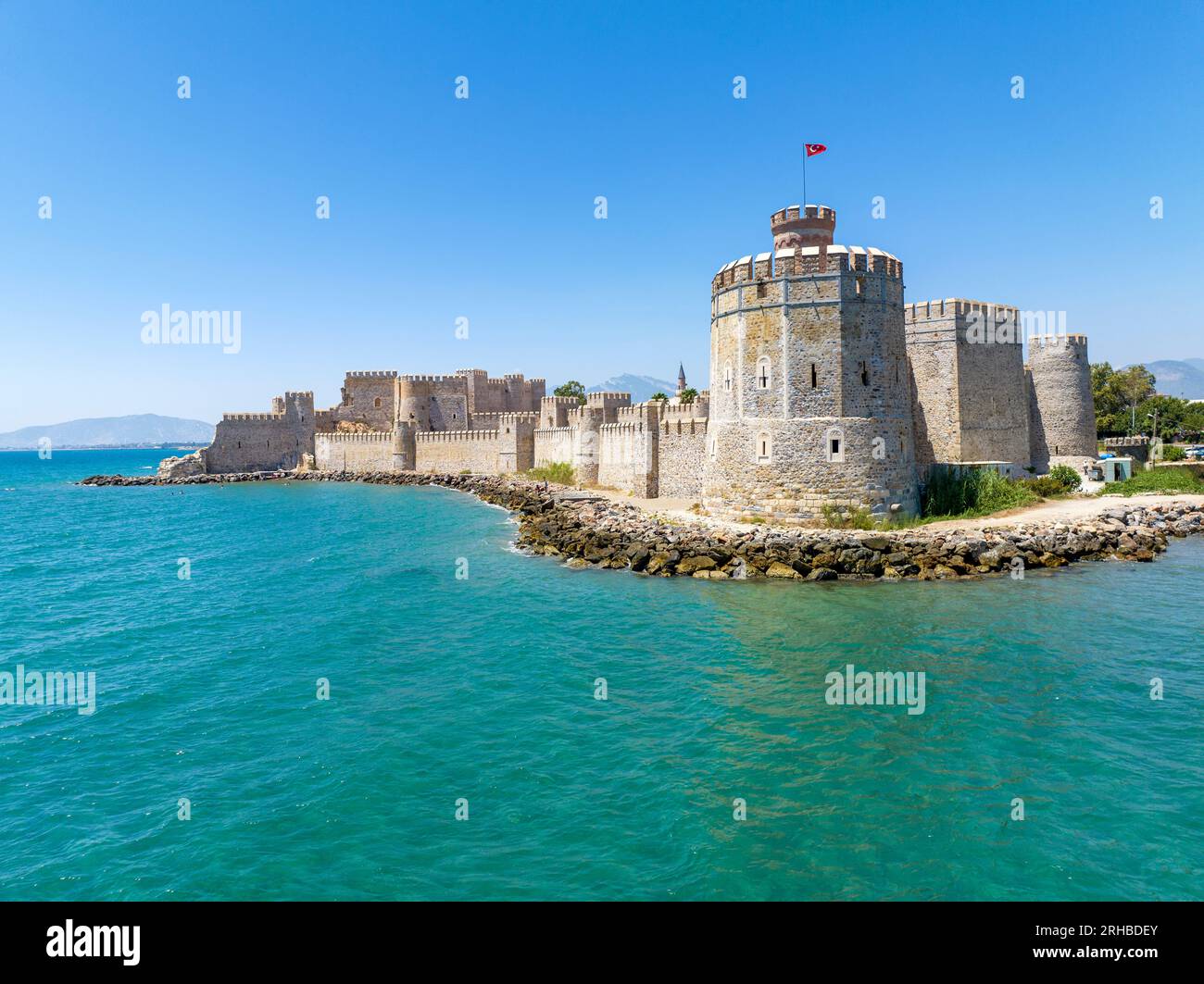 Aerial view of the Mamure Castle or Anamur Castle in Anamur Town ...