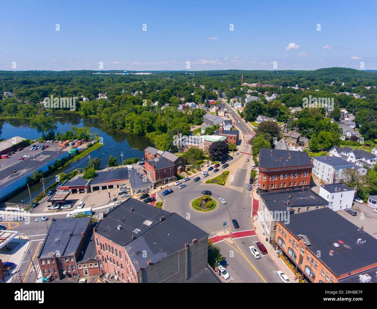 Hudson historic commercial buildings aerial view on Main Street in town ...