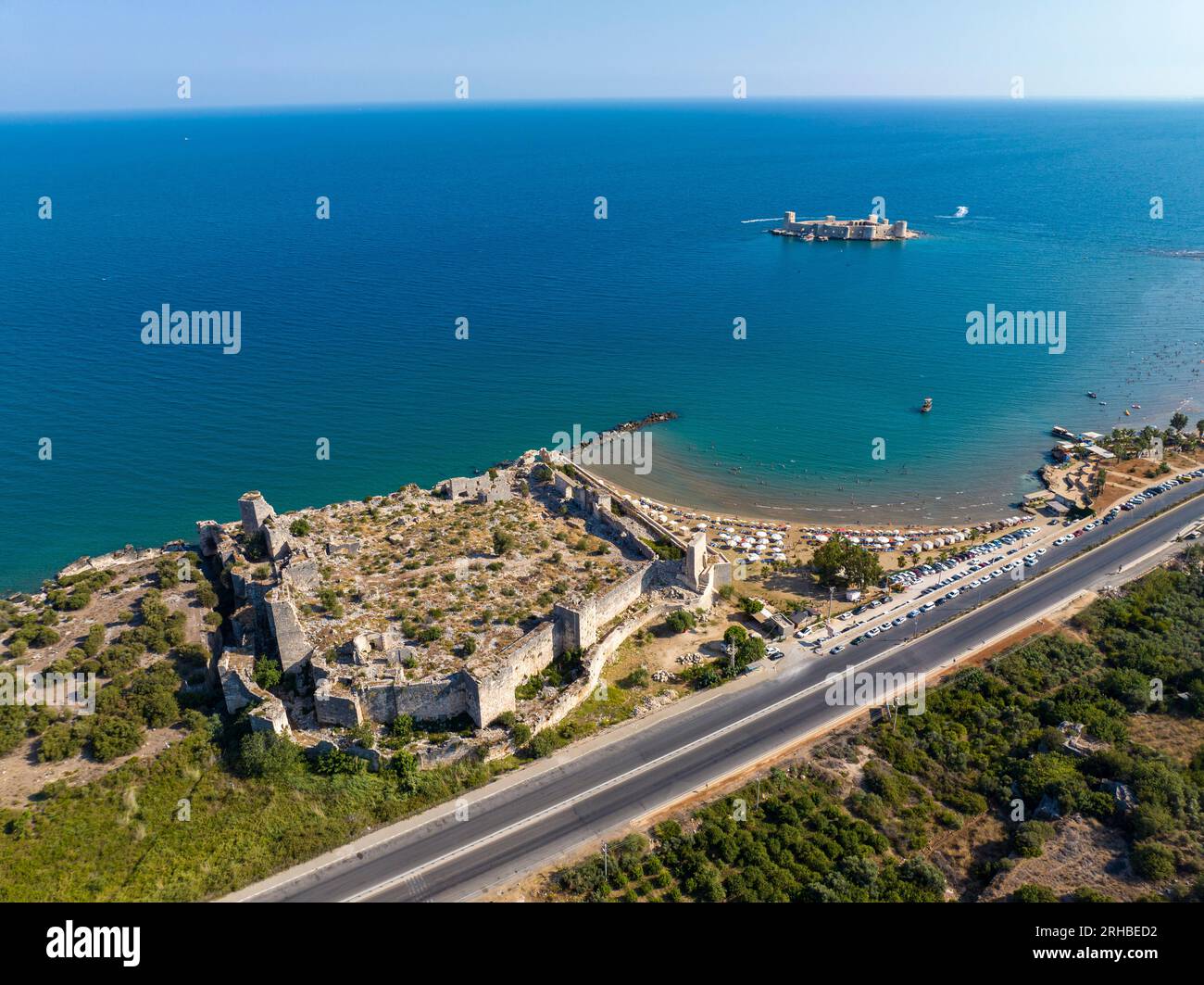 Korikos castle, Roman and Byzantine period work. Aerial bird's eye view ...