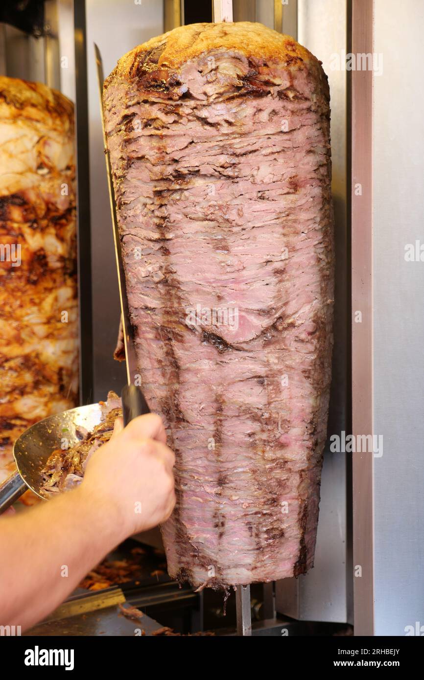 rotating traditional gyros meat close up Stock Photo - Alamy