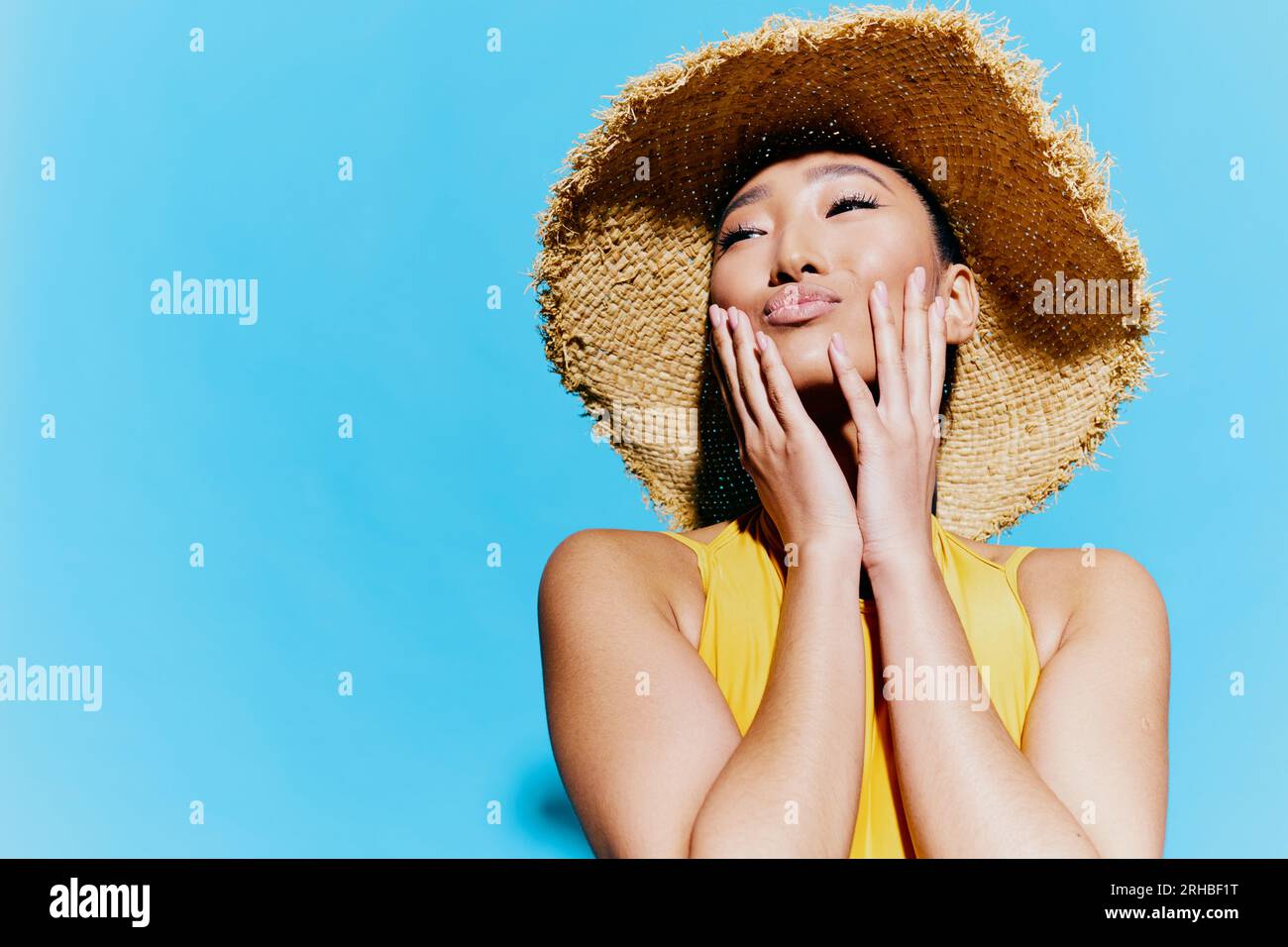Woman smile swimsuit trendy fashion beauty yellow portrait Stock Photo ...