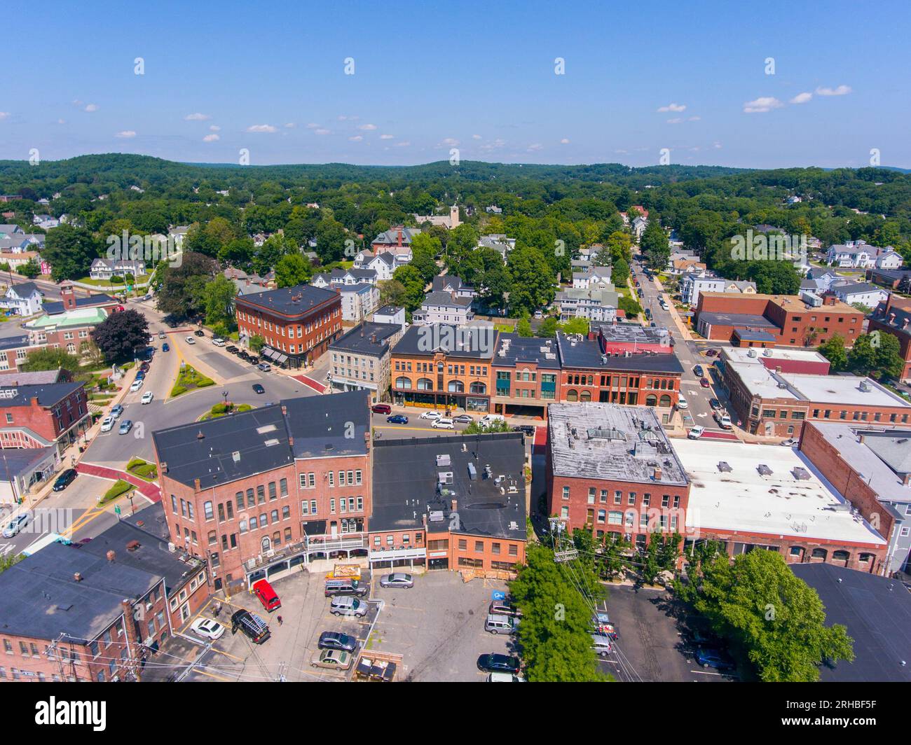 Hudson historic commercial buildings aerial view on Main Street in town ...