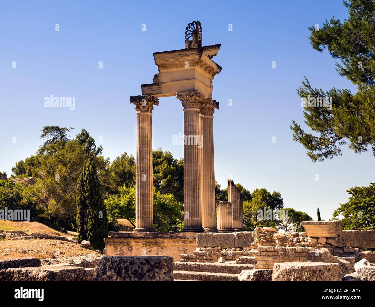 Restored columns of twin Corinthian temple in first Roman Forum of ...