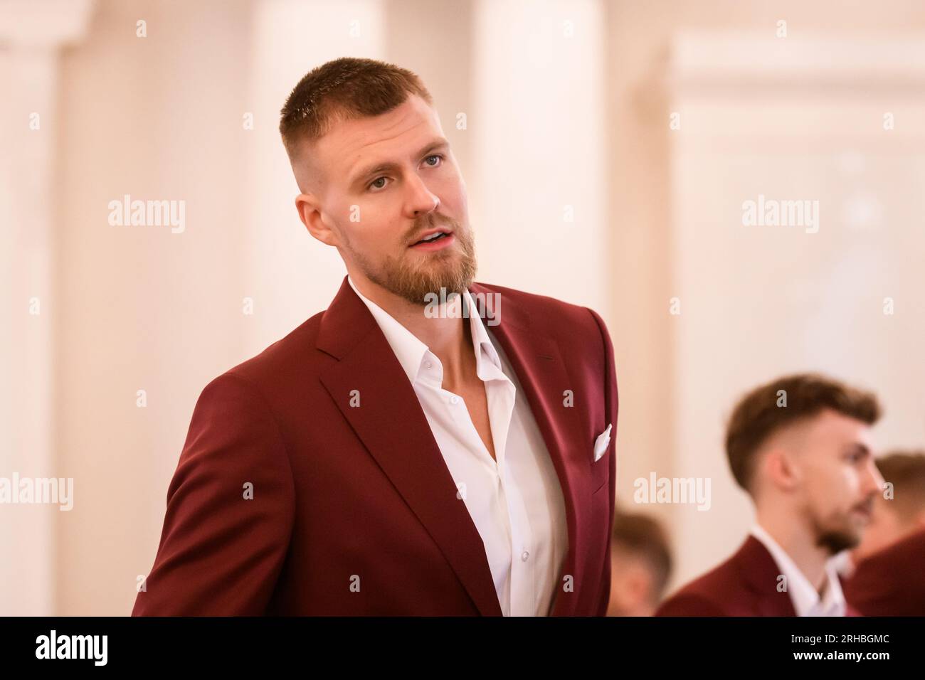 RIGA, LATVIA. 14 th August 2023. Kristaps Porzingis, during meeting ...