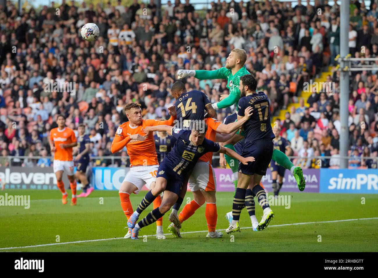 Blackpool, UK. 15th Aug, 2023. Connor Ripley #1 of Port Vale punches ...