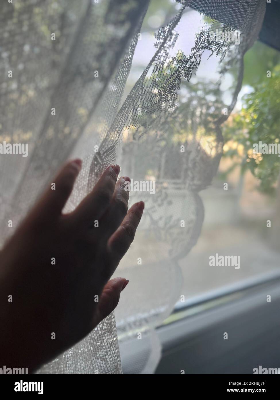 Woman standing by a window moving a net curtain to the side Stock Photo ...