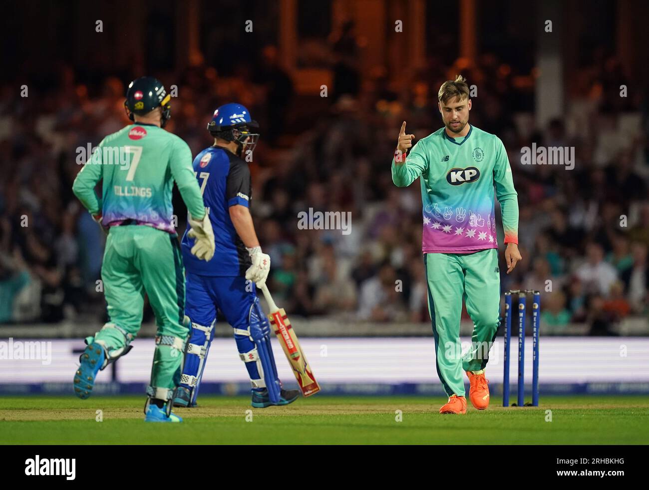 Oval Invincibles' Will Jacks celebrates taking the wicket of London ...