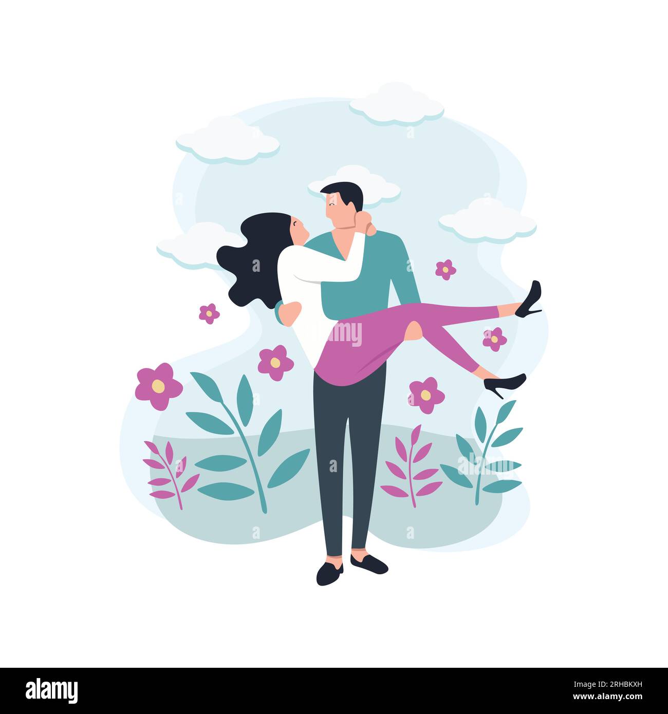Romantic couple flat design vector with cute colorful drawing cartoon ...