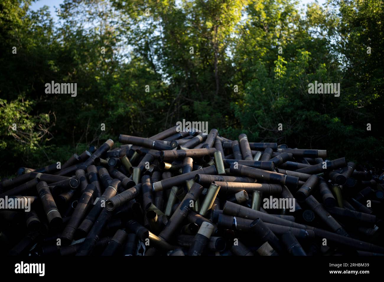 Spent shells lay piled up on the frontline in the outskirts of Lyman ...