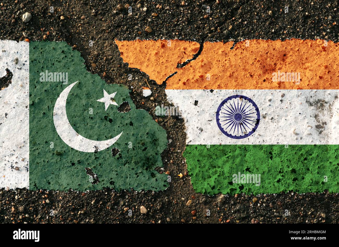 On the pavement there are images of the flags of Pakistan and India, as ...