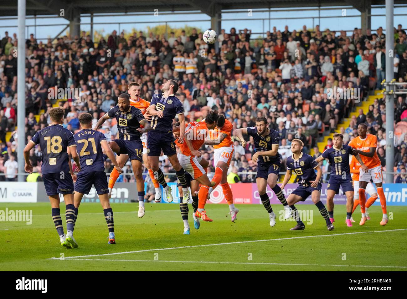 Blackpool, UK. 15th Aug, 2023. Andy Lyons #24 of Blackpool wins a ...