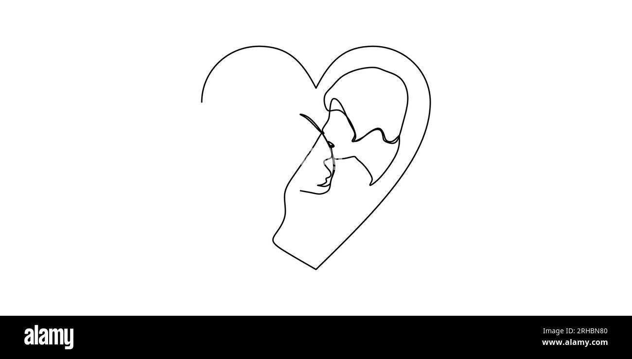 Continuous one line drawn single drawing of romantic kiss of two lovers ...