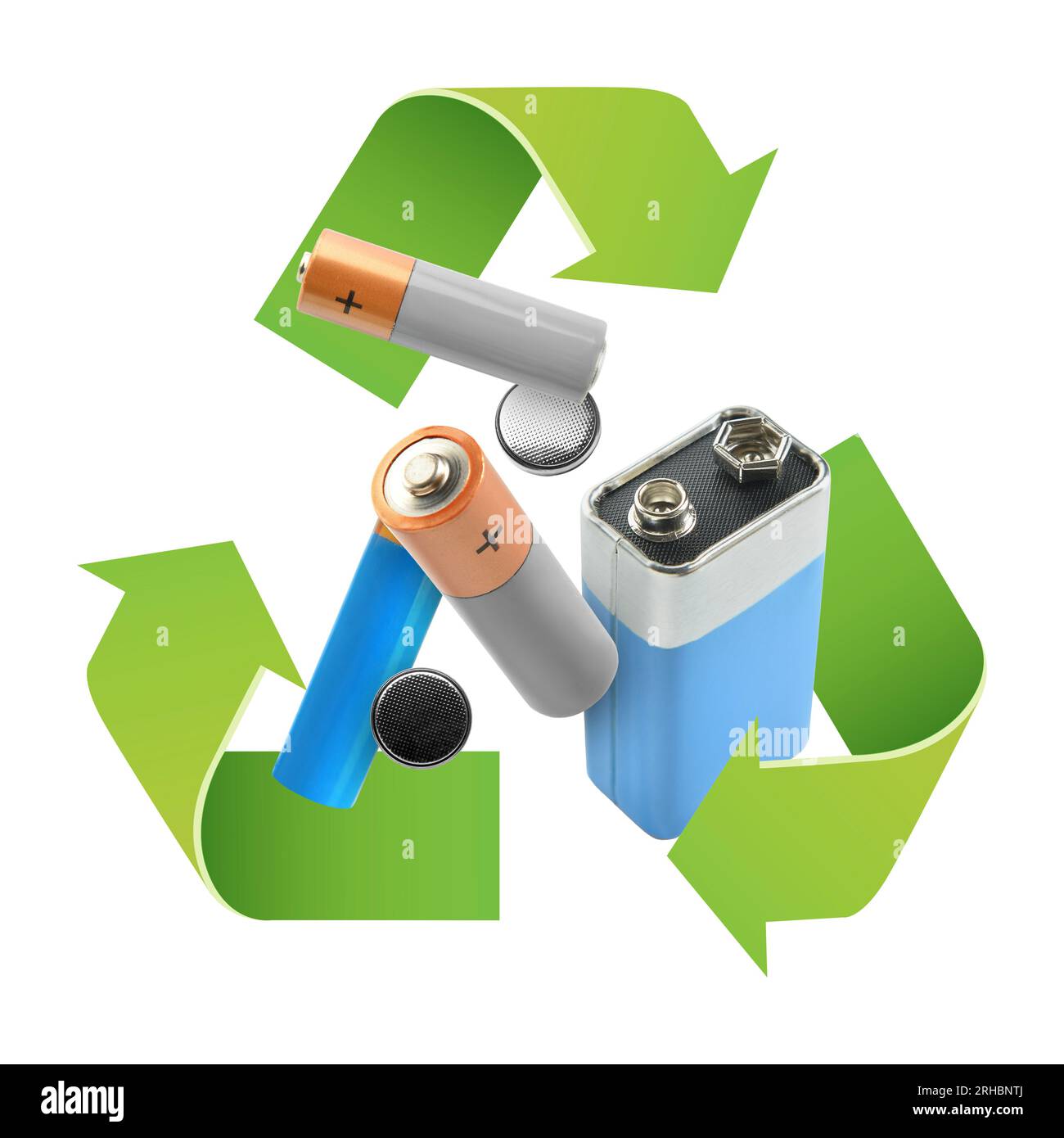 Alkaline batteries and recycling sign on white background Stock Photo ...