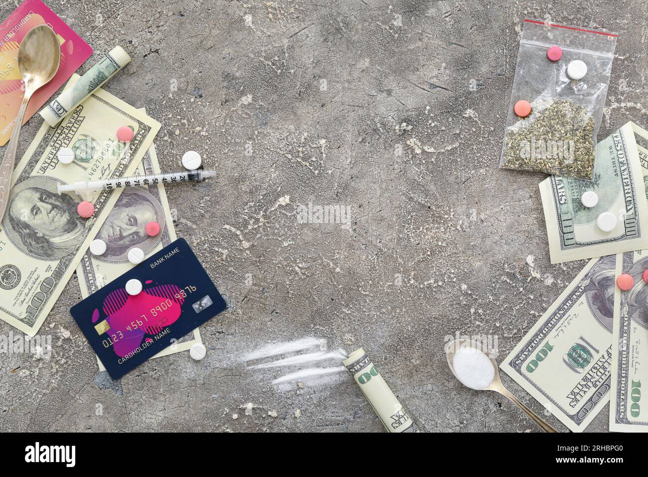 Composition with drugs, money and syringe on grunge background Stock ...