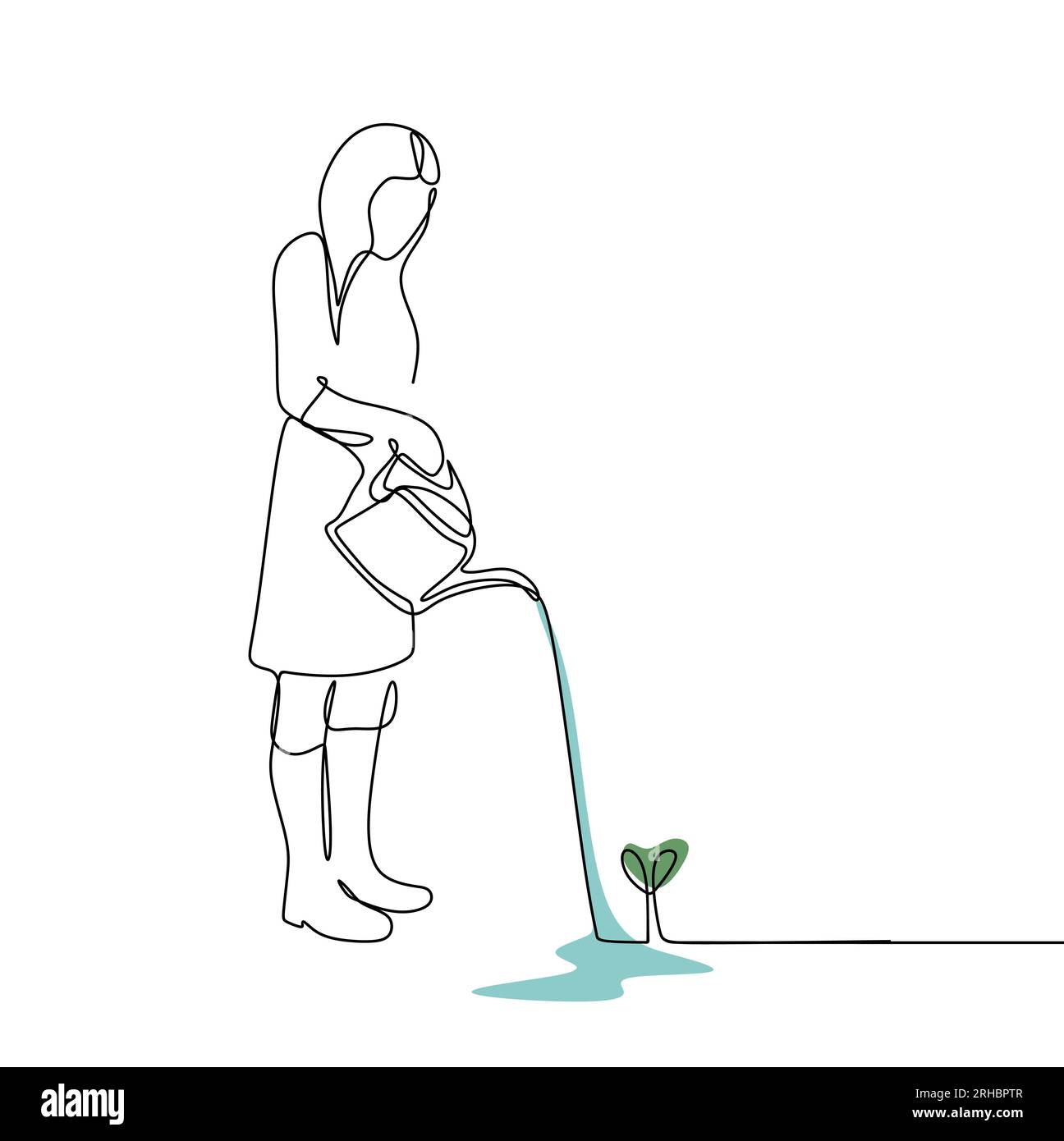 Continuous Line Drawing Of A Woman Watering A Plant Stock Vector Image