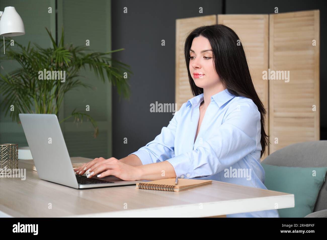 Beautiful woman having job interview online at home Stock Photo - Alamy