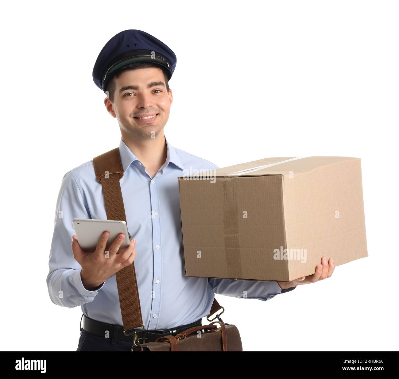 Young postman with tablet computer and parcel on white background Stock ...