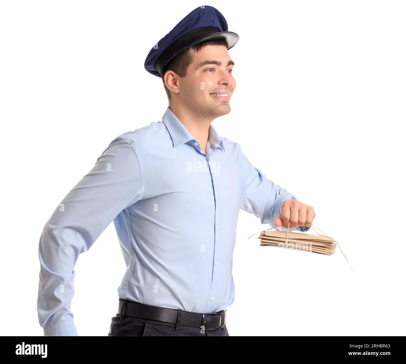 Young postman with letters on white background Stock Photo - Alamy