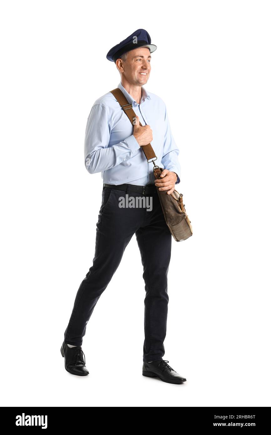Mature postman on white background Stock Photo - Alamy