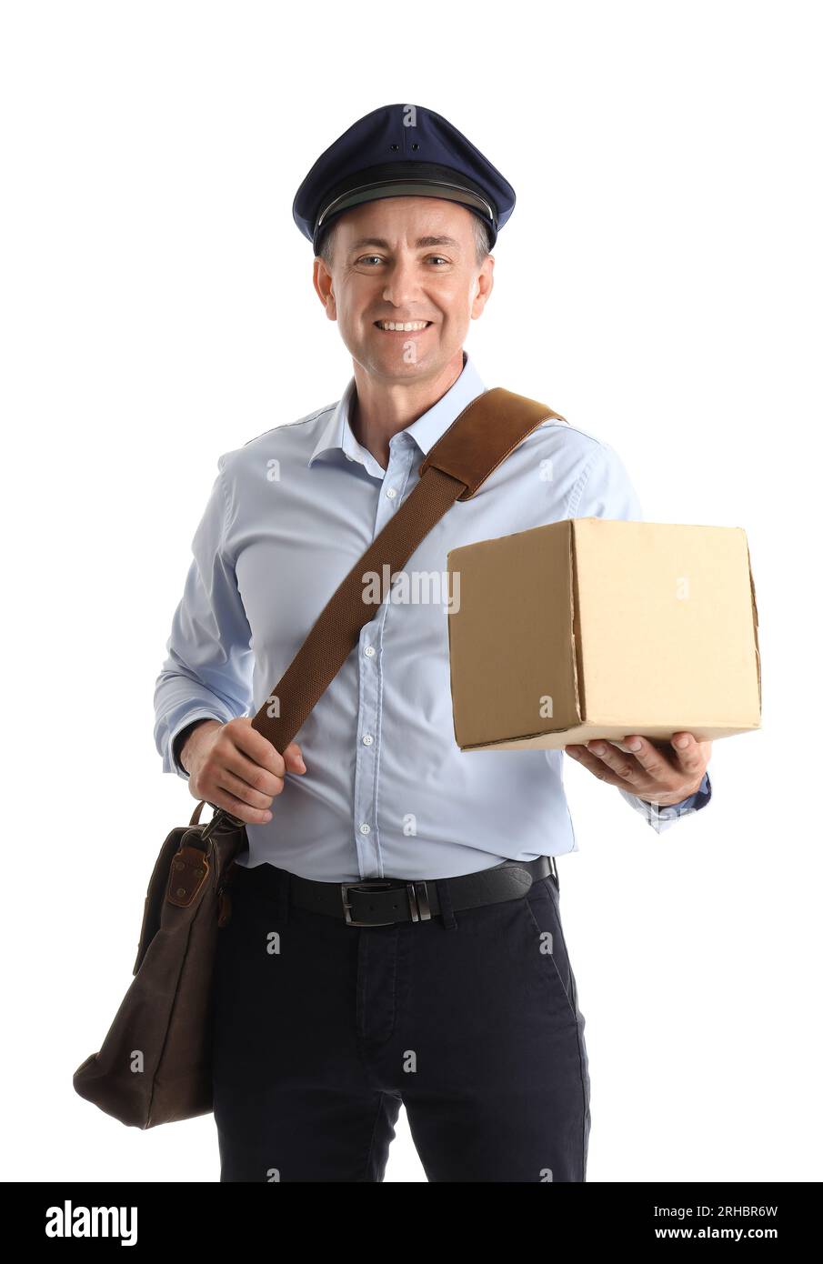 Mature postman with parcel on white background Stock Photo - Alamy