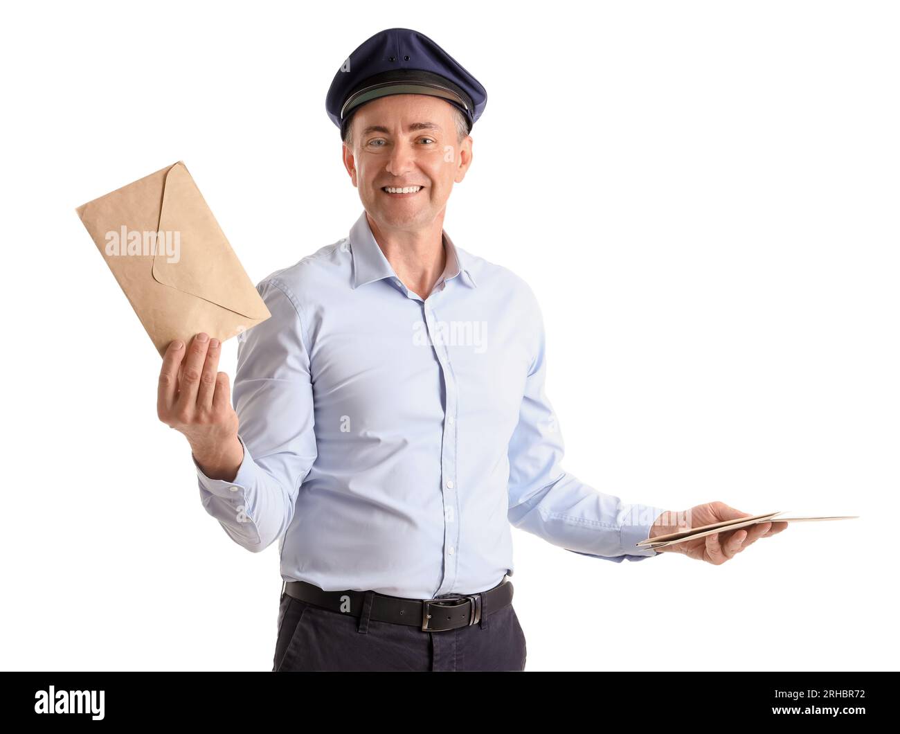 Mature postman with letters on white background Stock Photo - Alamy