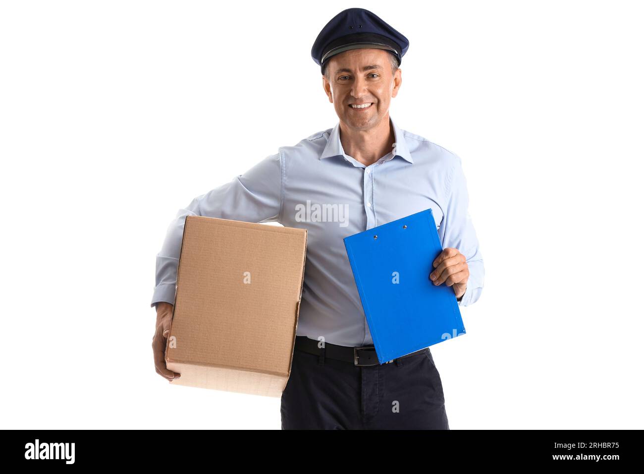 Mature postman with clipboard and parcel on white background Stock ...