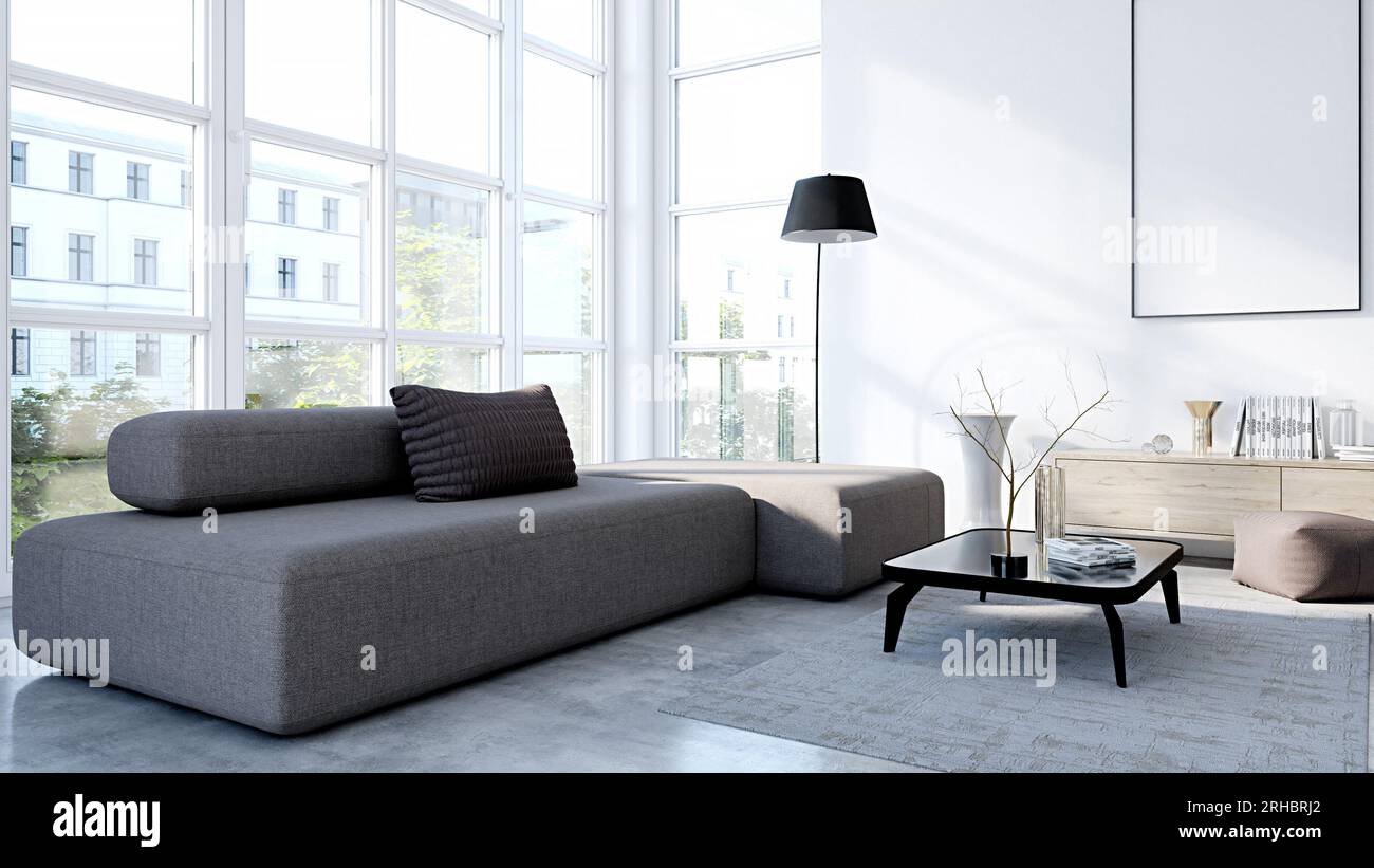 Modern room interior with panoramic windows Stock Photo - Alamy