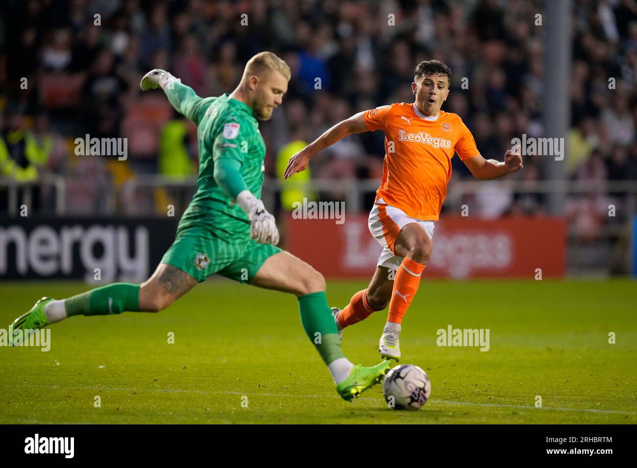Blackpool, UK. 15th Aug, 2023. Albie Morgan #8 of Blackpool chases down ...