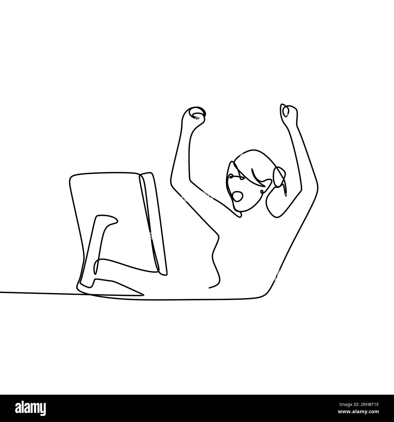 continuous line drawing of female employees successfully completing ...