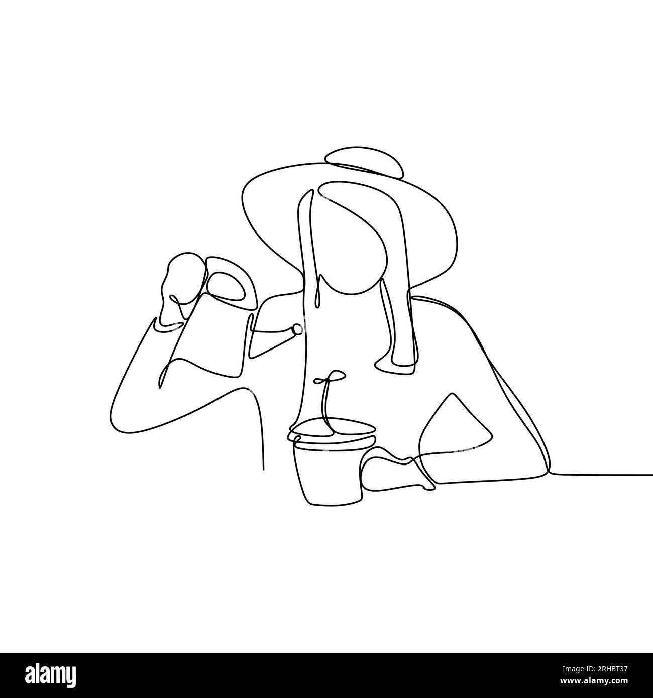 Continuous Line Drawing Of A Woman Watering A Plant Stock Vector Image