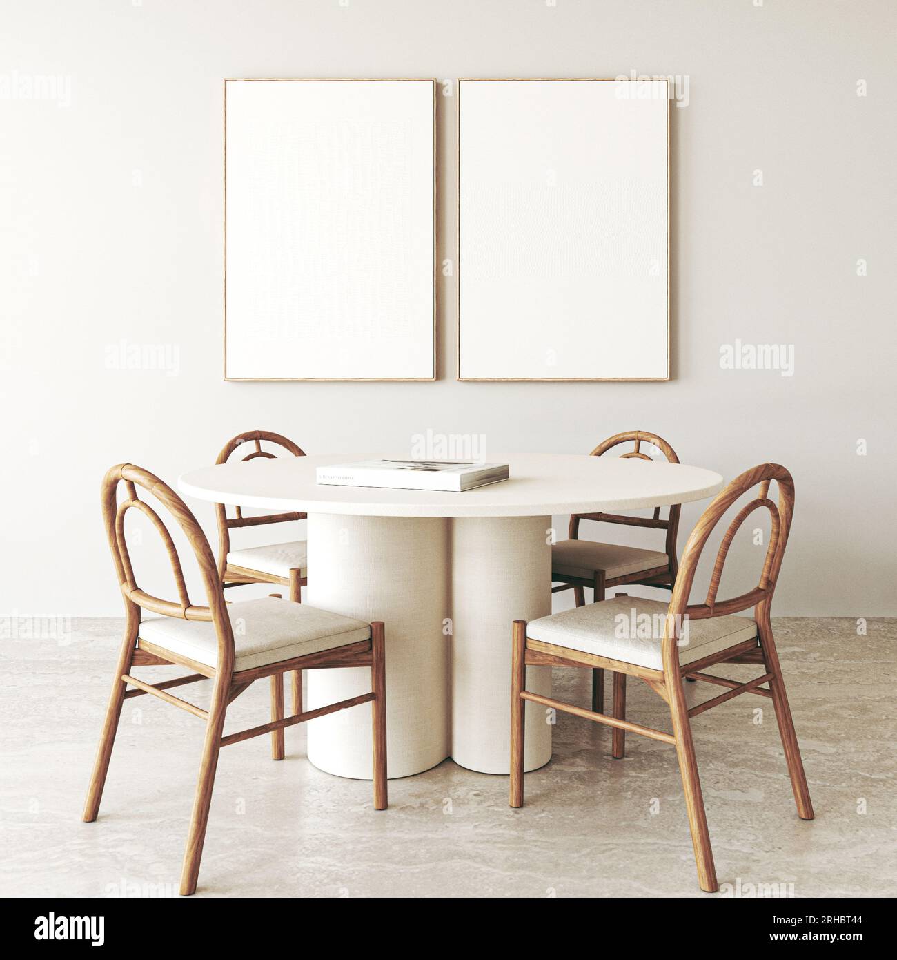 Wooden beige diningroom interior with dining table, book and chairs ...