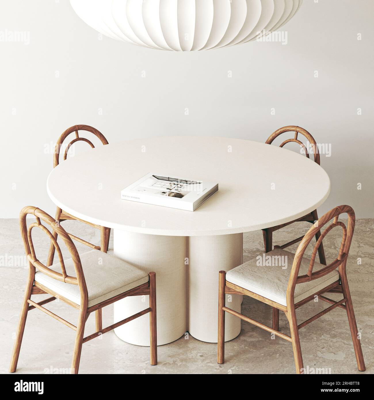 Wooden beige diningroom interior with dining table, book and chairs ...