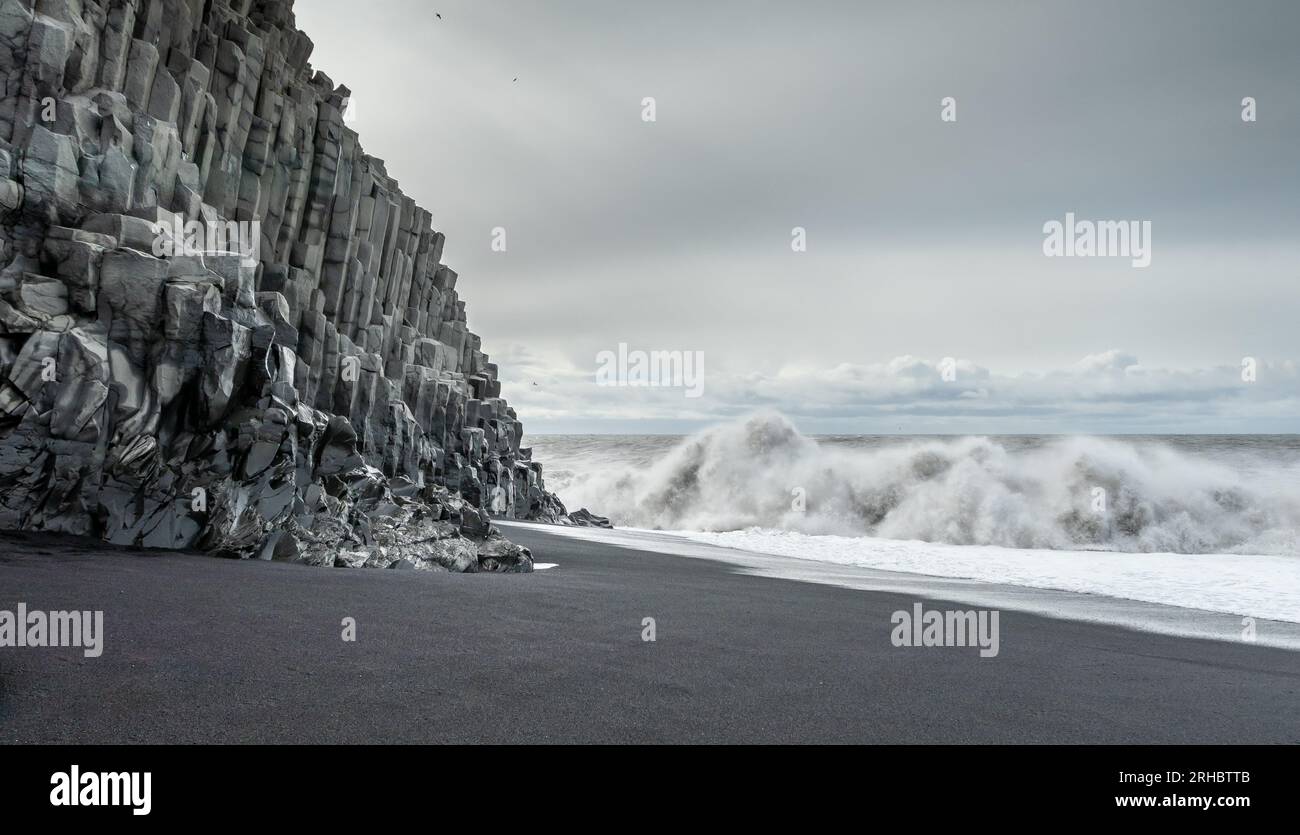 Waves crashing on Reynisfjara black sand beach, Vik, South Iceland ...