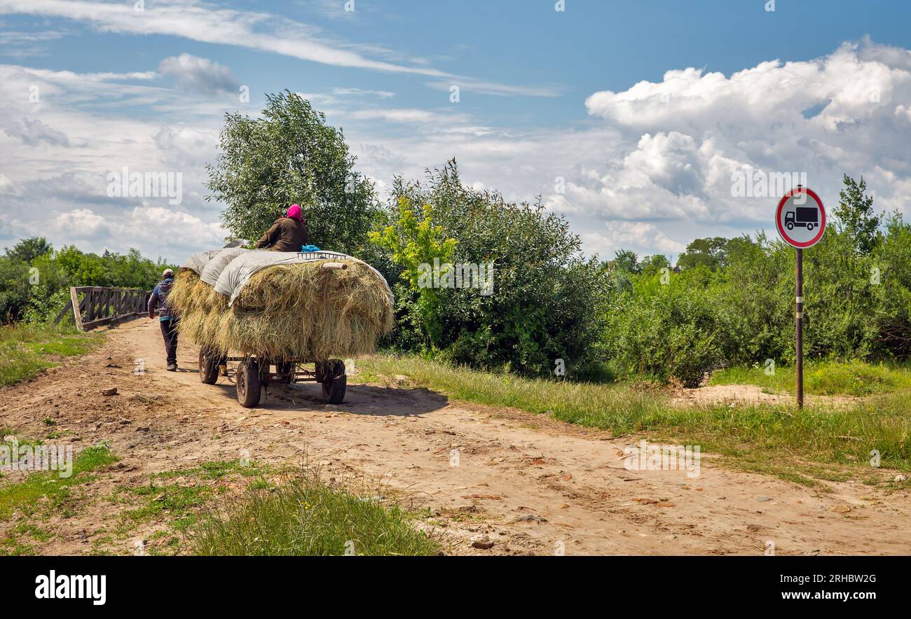 village scene with old horse cart carrying hay over a wooden bridge ...