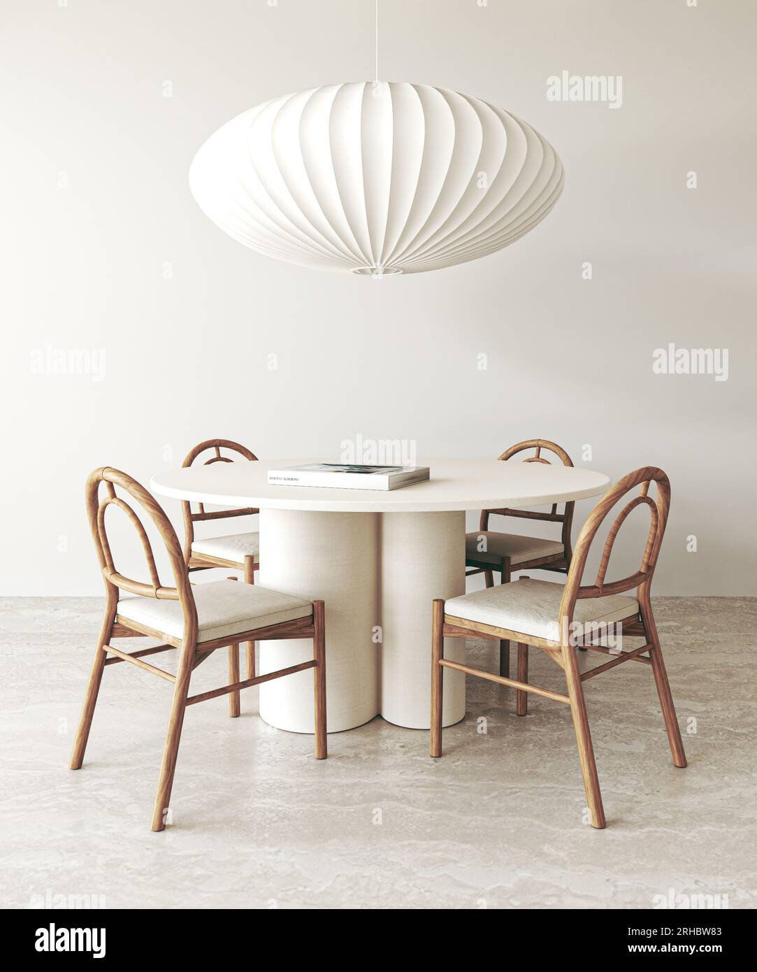 Wooden beige diningroom interior with dining table, book and chairs ...