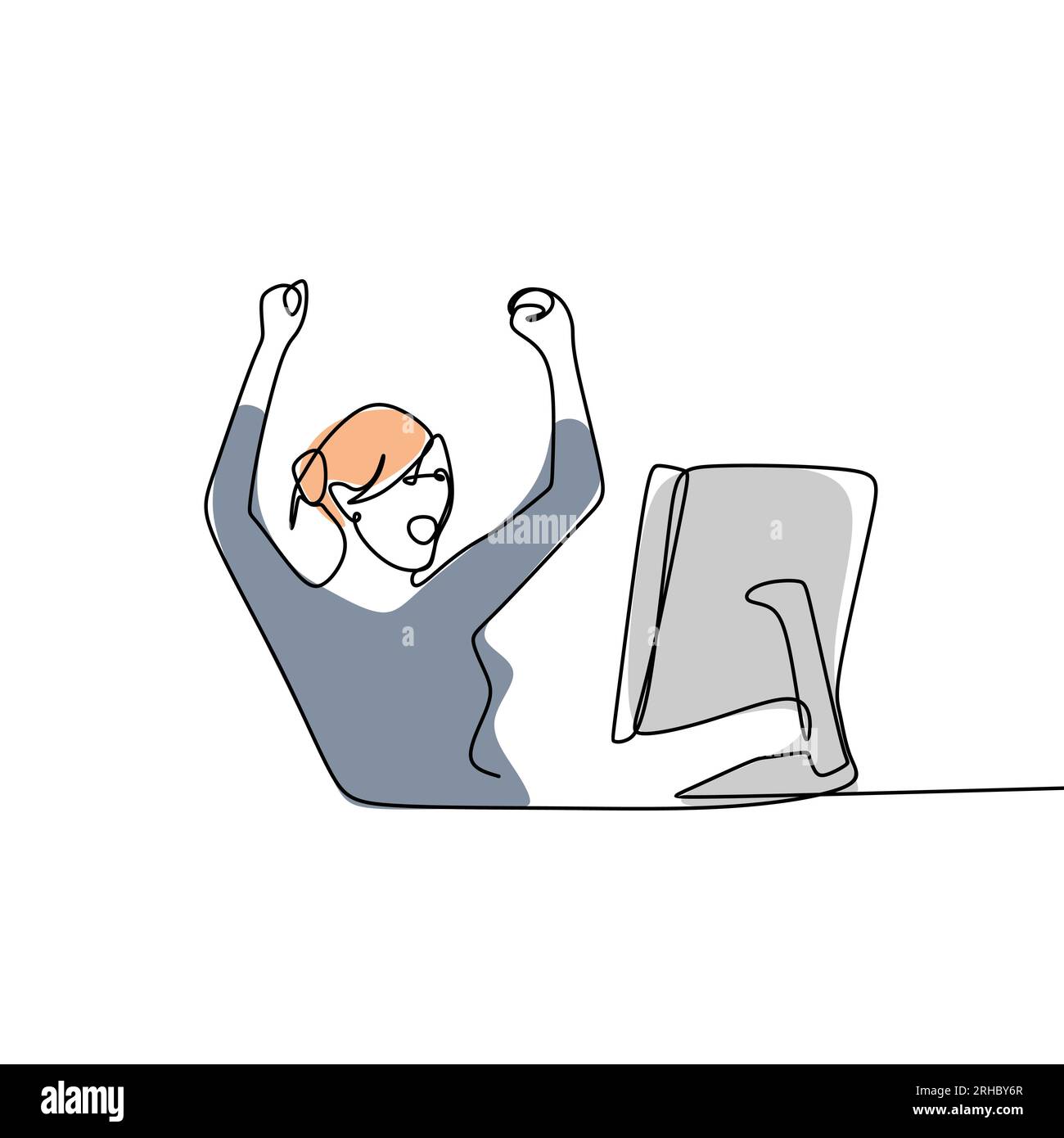 continuous line drawing of female employees successfully completing ...