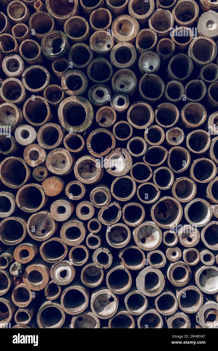 Full frame of textured background of pile of brown and gray bamboo ...