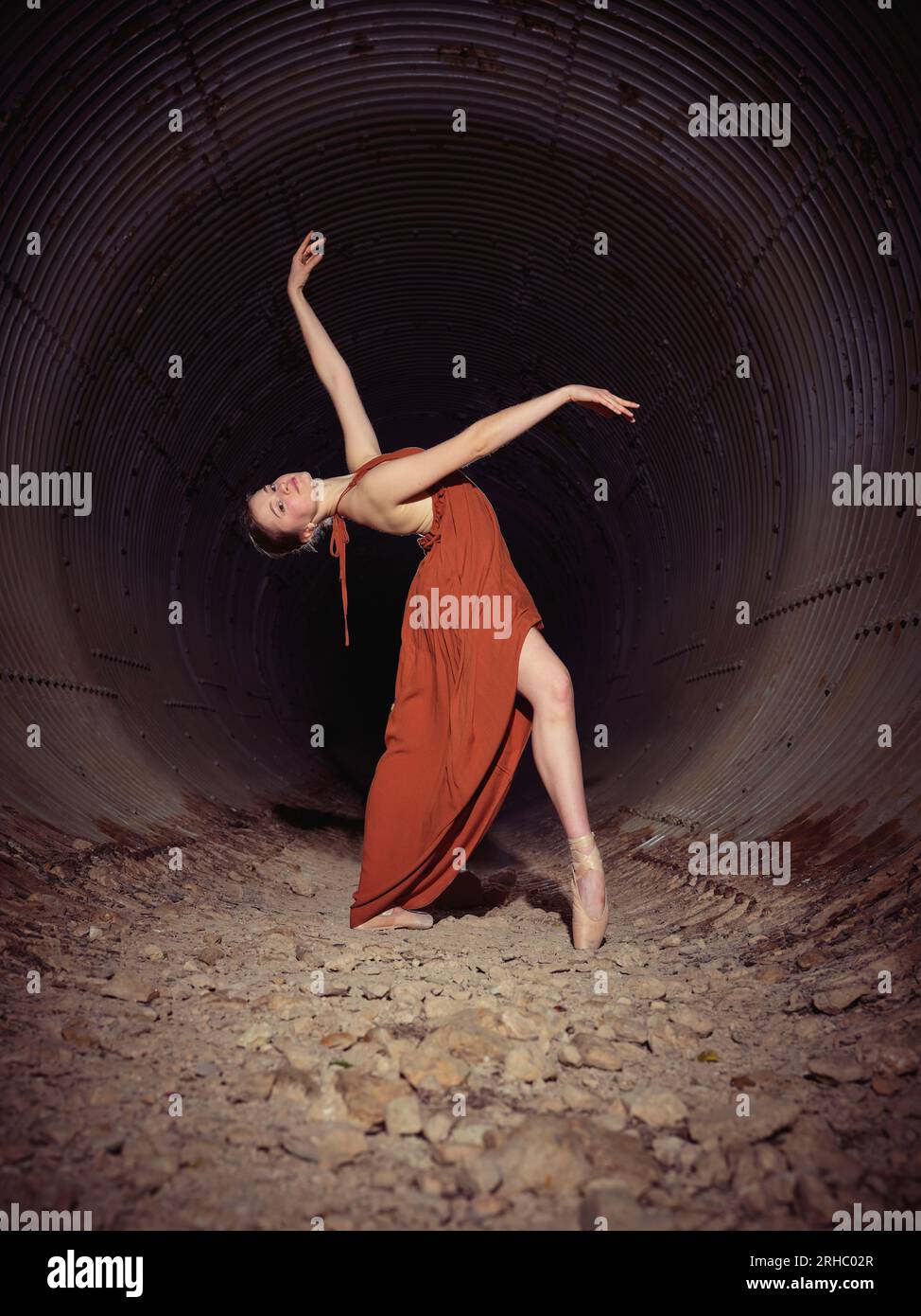 Full body side view of talented female ballet dancer in dress bending ...