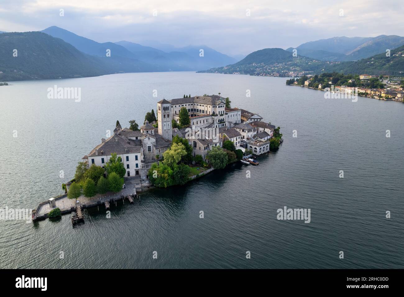 Aerial view of San Giulio island in Lake Orta, Novara, Piedmont, Italy ...