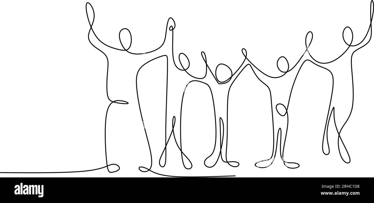 Continuous family line drawings holding hands each other and raising. Success concept theme ...