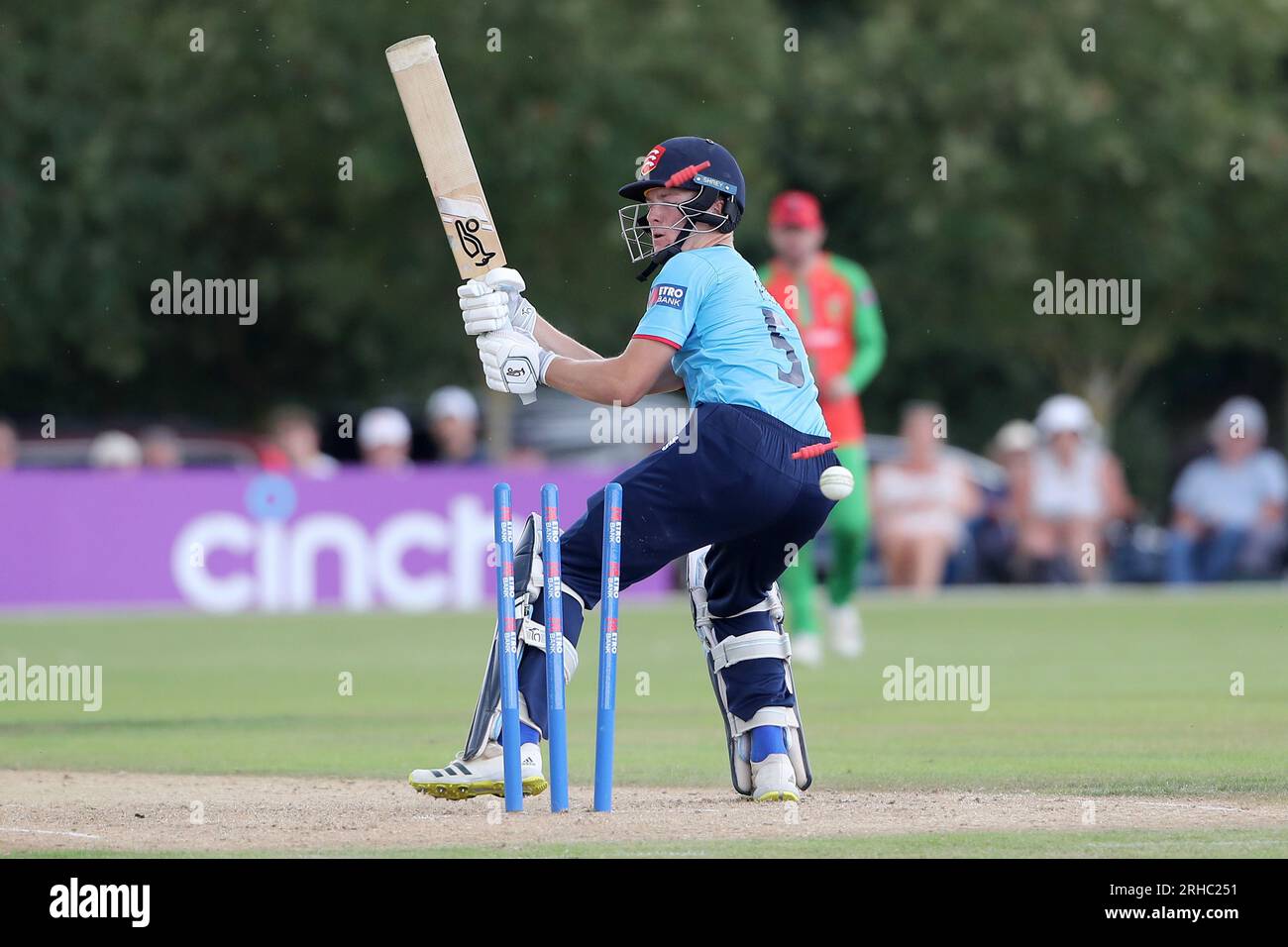Charlie Allison of Essex is bowled out by Wiaan Mulder during ...
