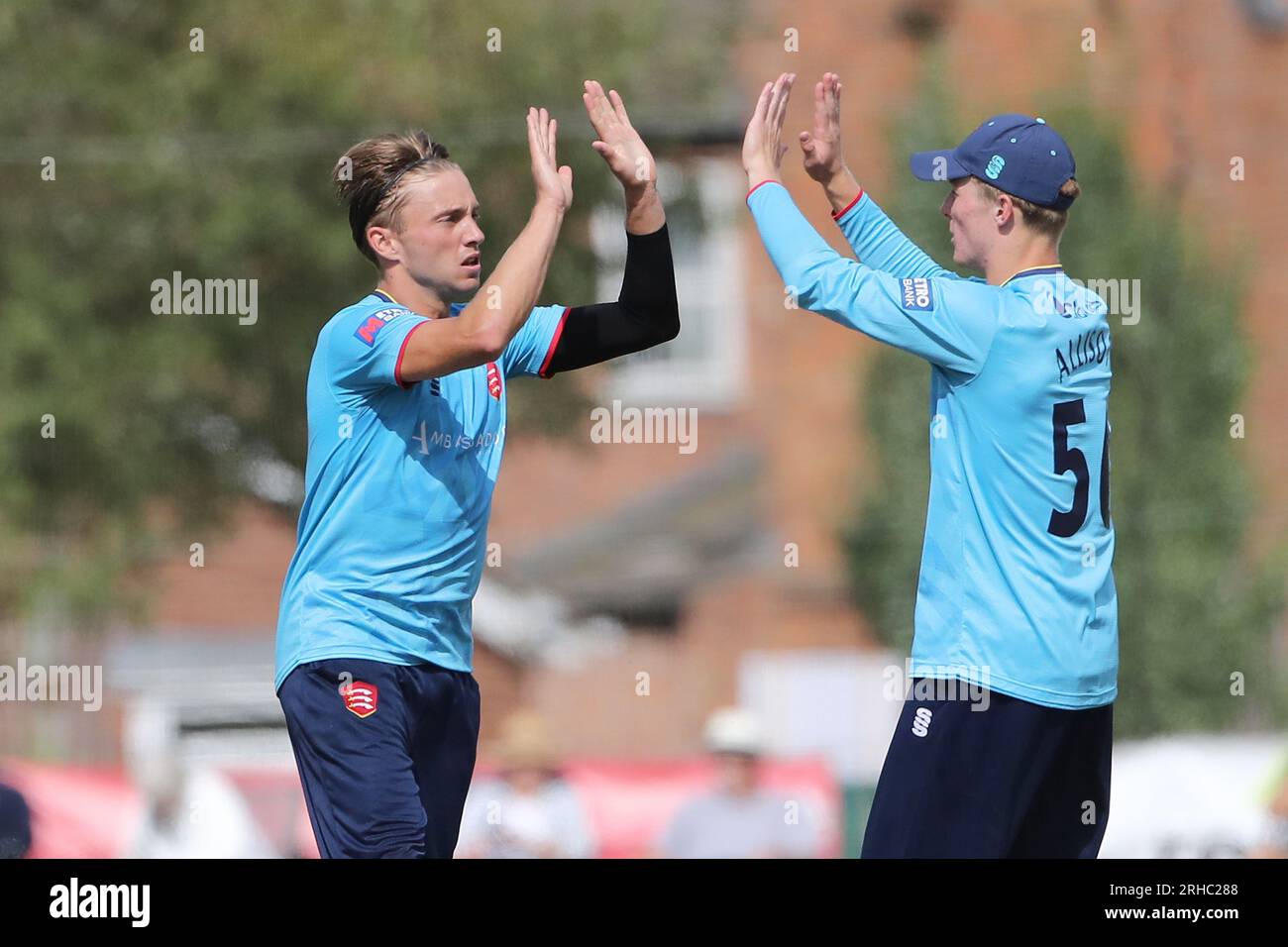 Aaron Beard of Essex celebrates taking the wicket of Rishi Patel during ...
