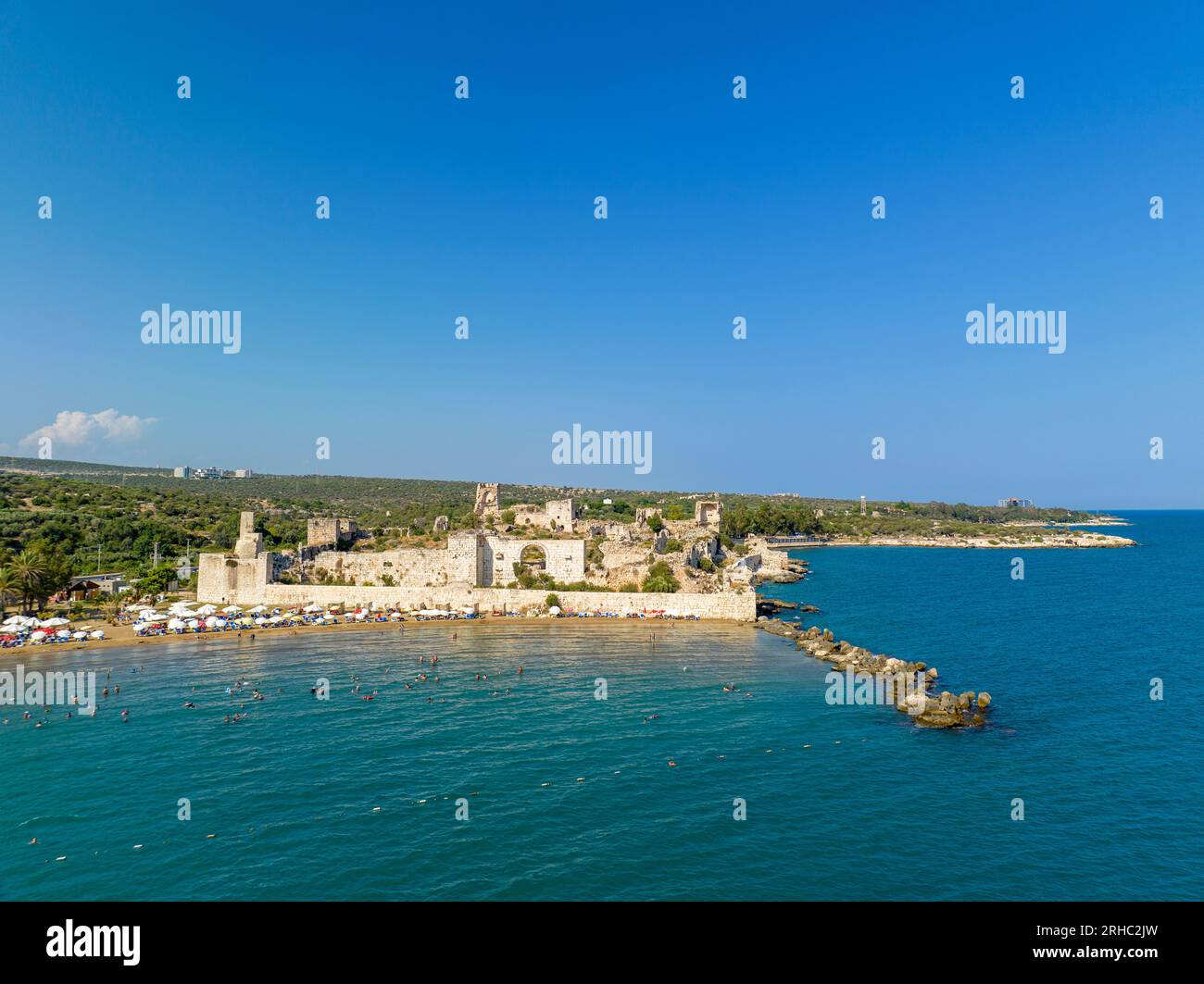 Korikos castle, Roman and Byzantine period work. Aerial bird's eye view ...