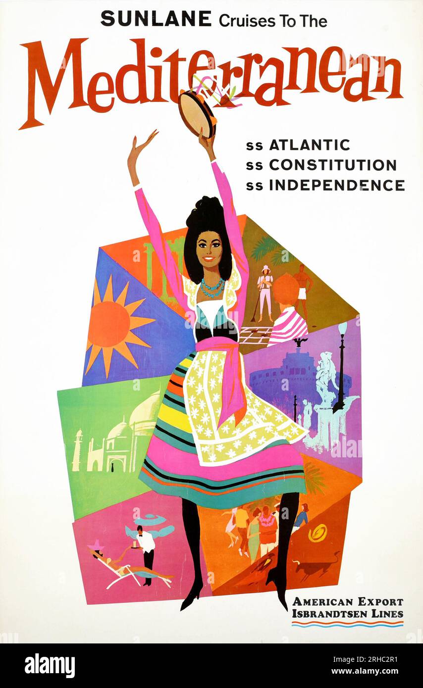 Vintage Travel Poster Mediterranean Sunlane Cruises Ocean Liner Design ...