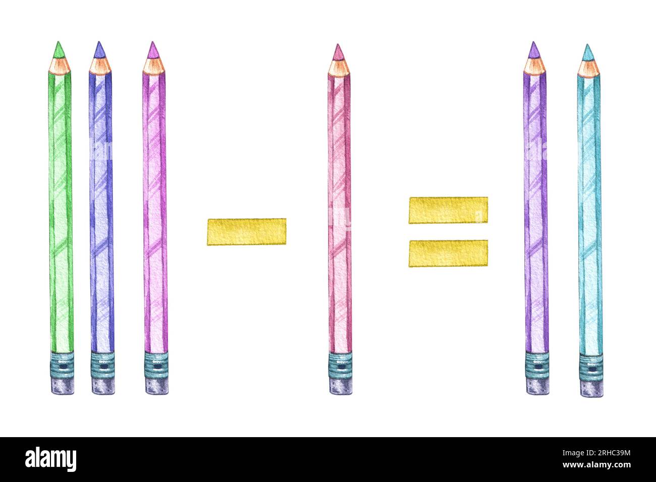 Watercolor math pencils three minus one equals two on a white ...