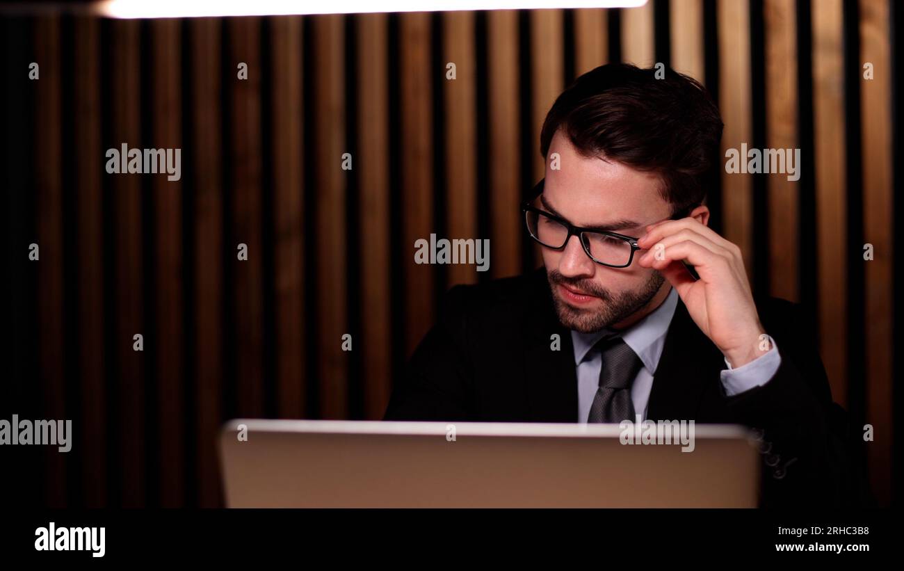 Portrait man, businessman, company founder, office worker sitting in ...