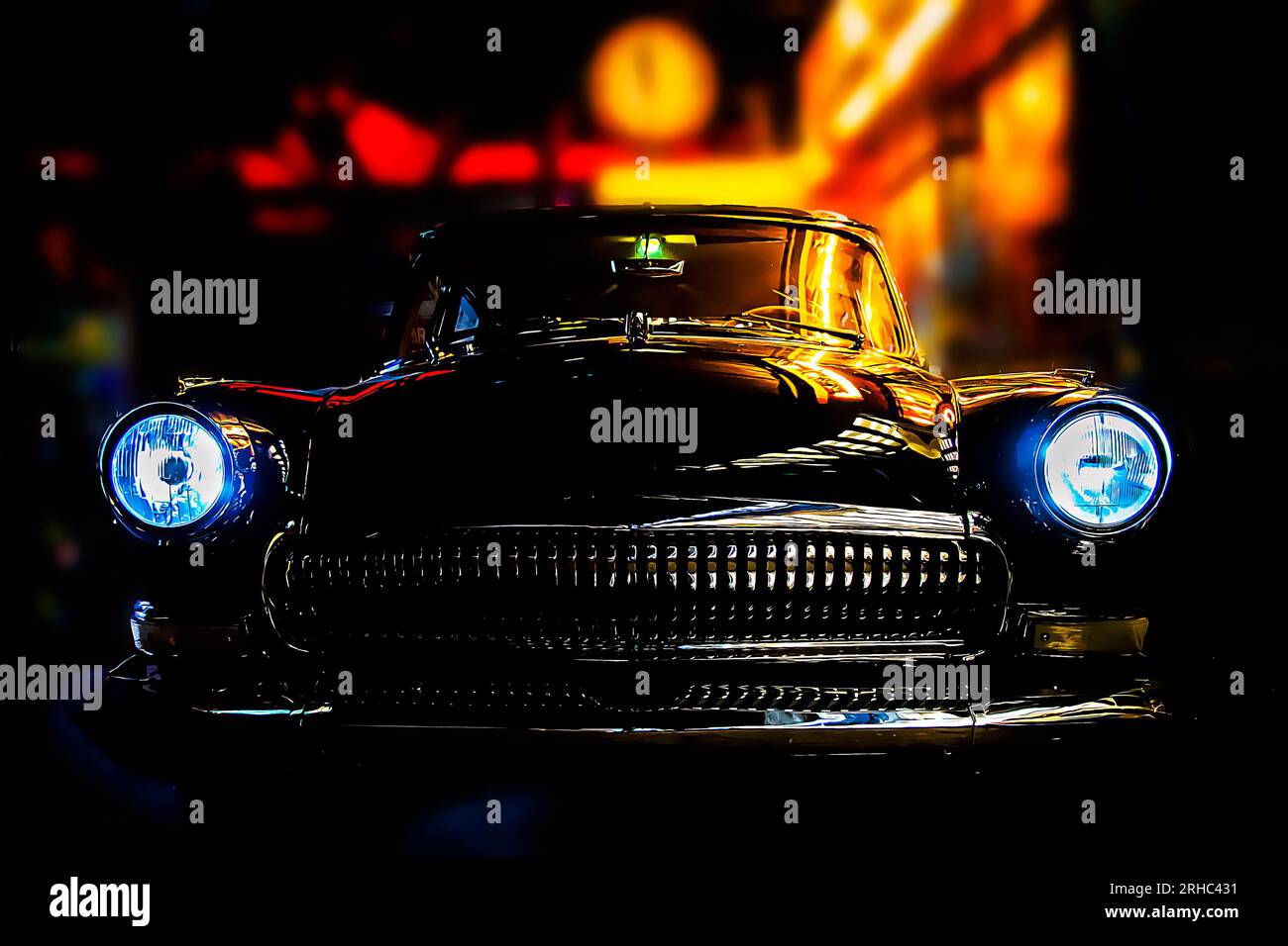 Shiny old black car with blue lights Stock Photo - Alamy